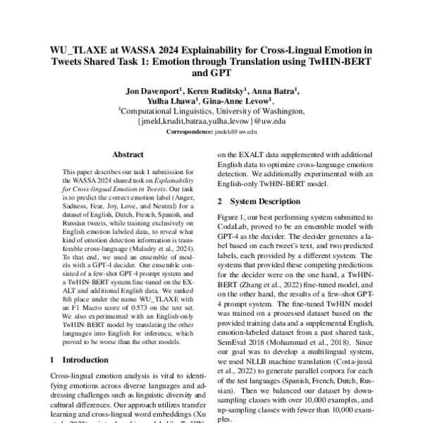 WU_TLAXE at WASSA 2024 Explainability for Cross-Lingual Emotion in ...