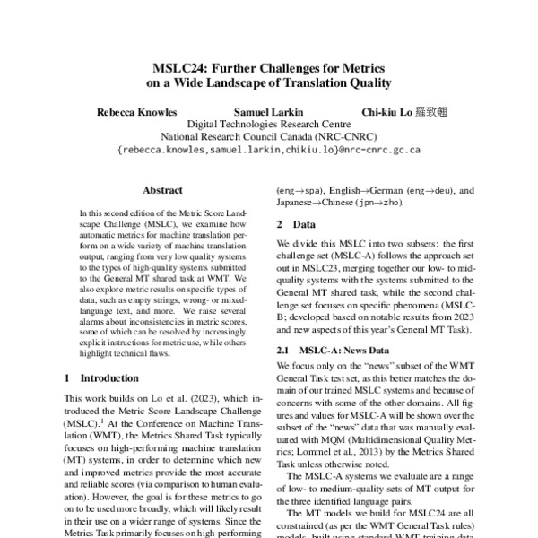 MSLC24: Further Challenges for Metrics on a Wide Landscape of ...