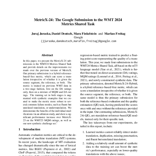 MetricX-24: The Google Submission to the WMT 2024 Metrics Shared Task - ACL Anthology