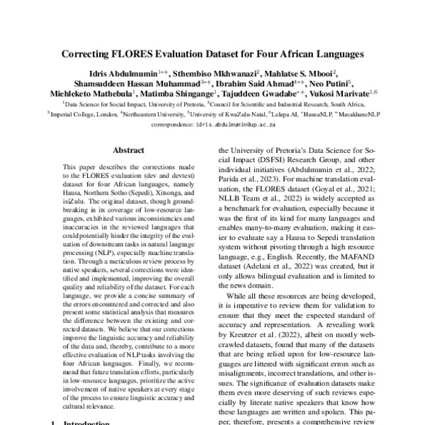 Correcting FLORES Evaluation Dataset for Four African Languages - ACL ...