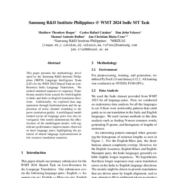 Samsung R&D Institute Philippines @ WMT 2024 Indic MT Task - ACL Anthology