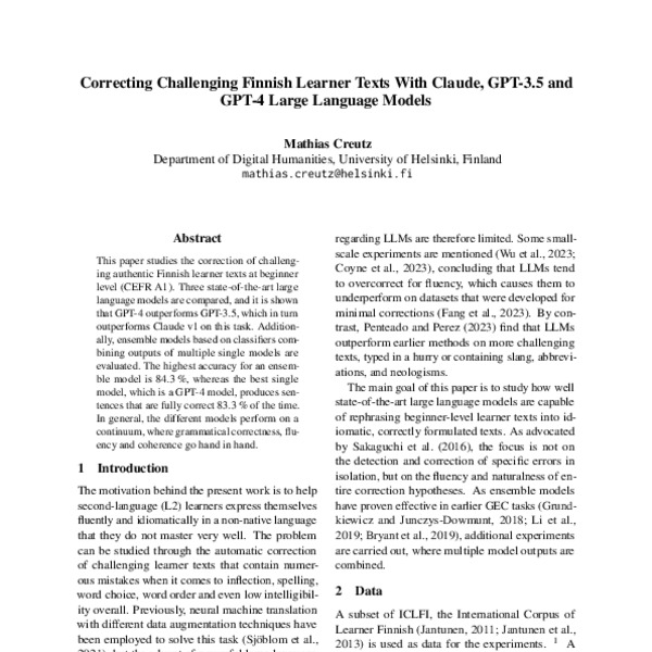 Correcting Challenging Finnish Learner Texts With Claude, GPT-3.5 and GPT-4 Large Language ...