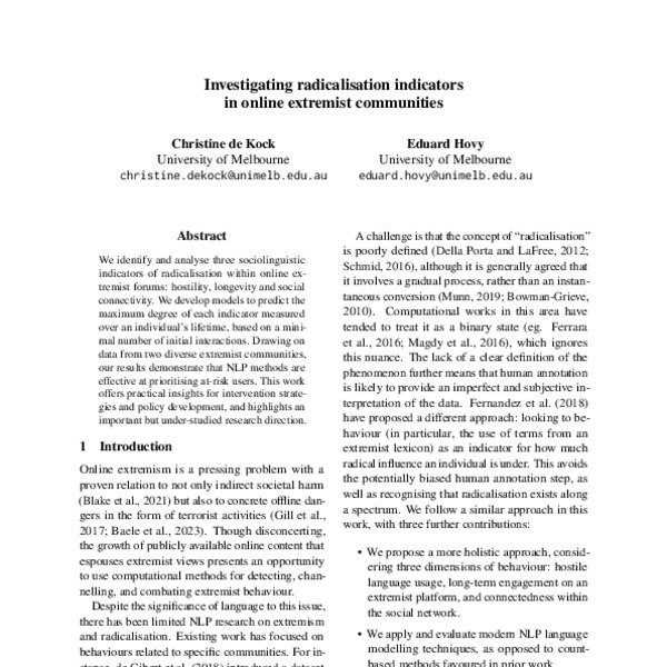 Investigating radicalisation indicators in online extremist communities ...