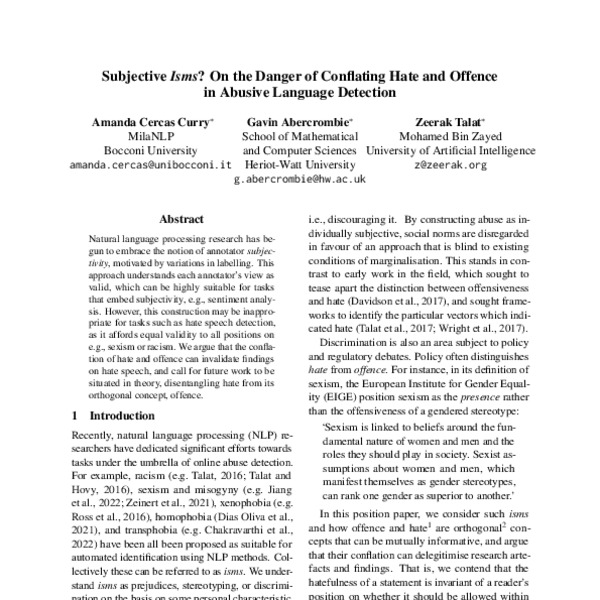 Subjective Isms? On the Danger of Conflating Hate and Offence in ...