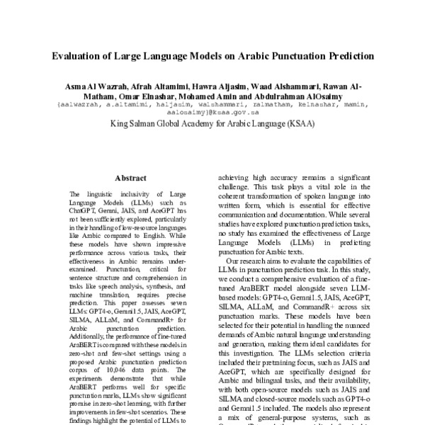 Evaluation of Large Language Models on Arabic Punctuation Prediction ...