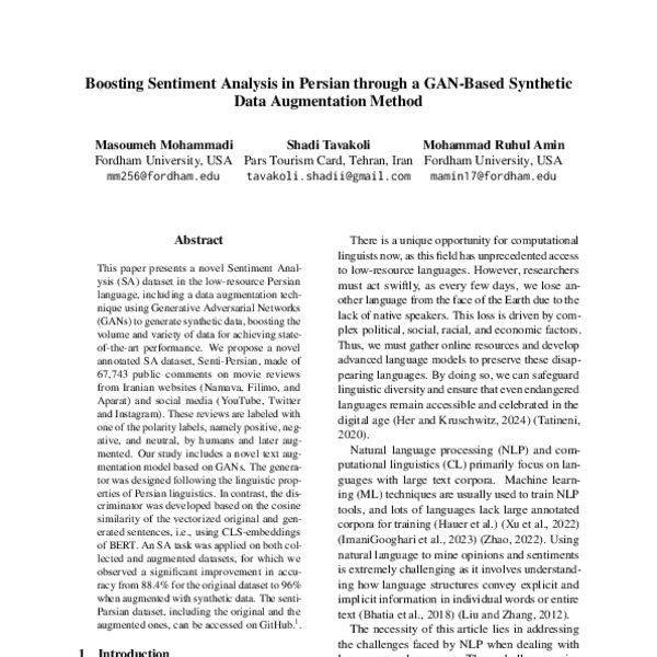 Boosting Sentiment Analysis in Persian through a GAN-Based Synthetic Data Augmentation Method ...