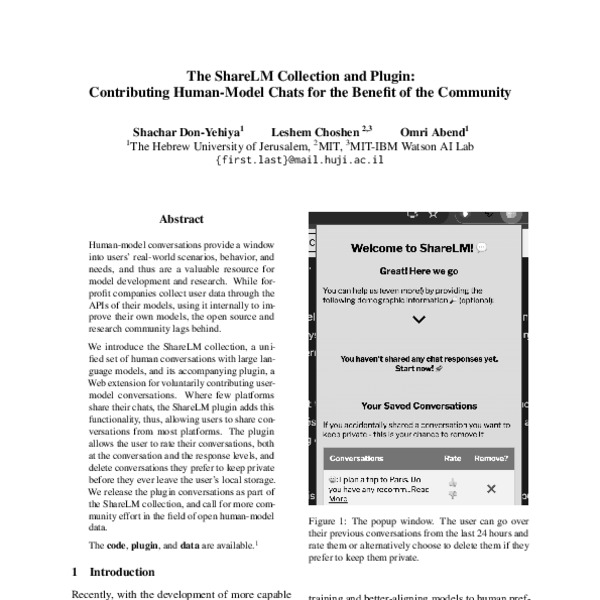 The ShareLM Collection and Plugin: Contributing Human-Model Chats for the Benefit of the ...