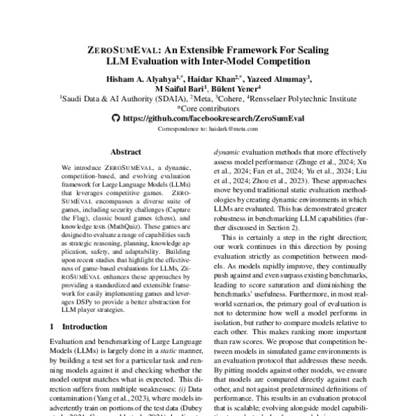 ZeroSumEval: An Extensible Framework For Scaling LLM Evaluation with Inter-Model Competition ...