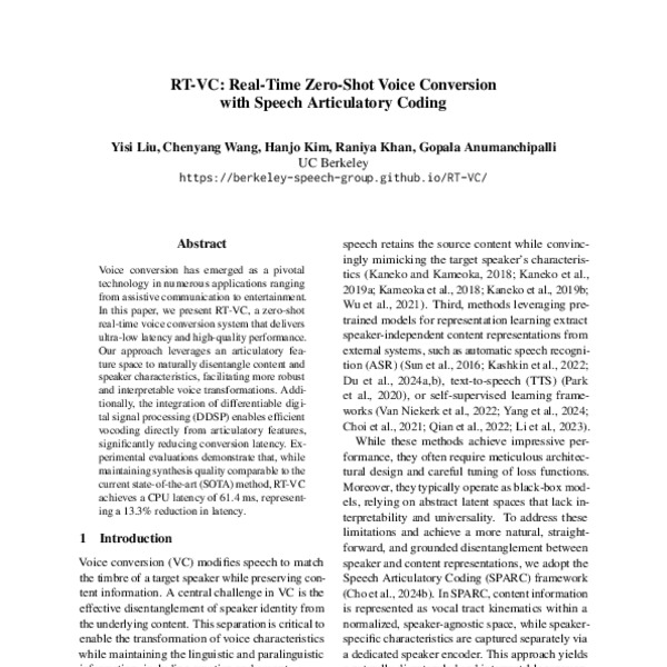 RT-VC: Real-Time Zero-Shot Voice Conversion with Speech Articulatory ...