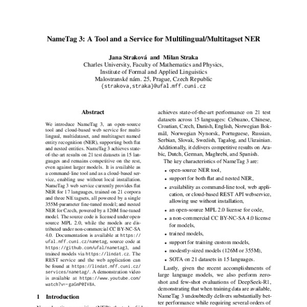 NameTag 3: A Tool and a Service for Multilingual/Multitagset NER - ACL Anthology