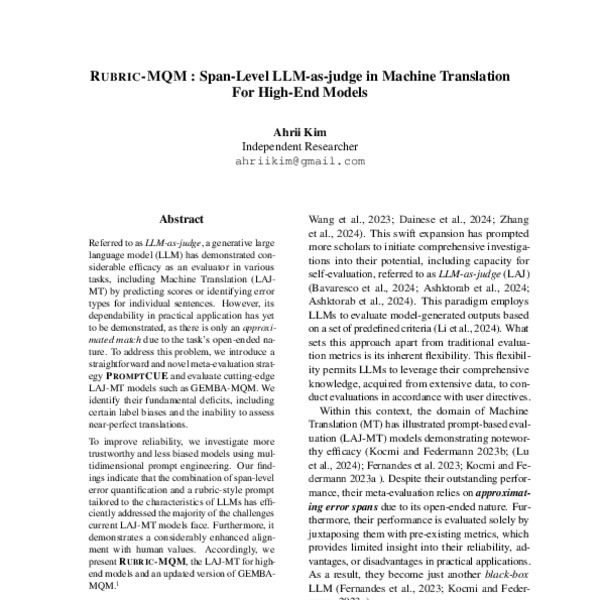RUBRIC-MQM : Span-Level LLM-as-judge in Machine Translation For High ...