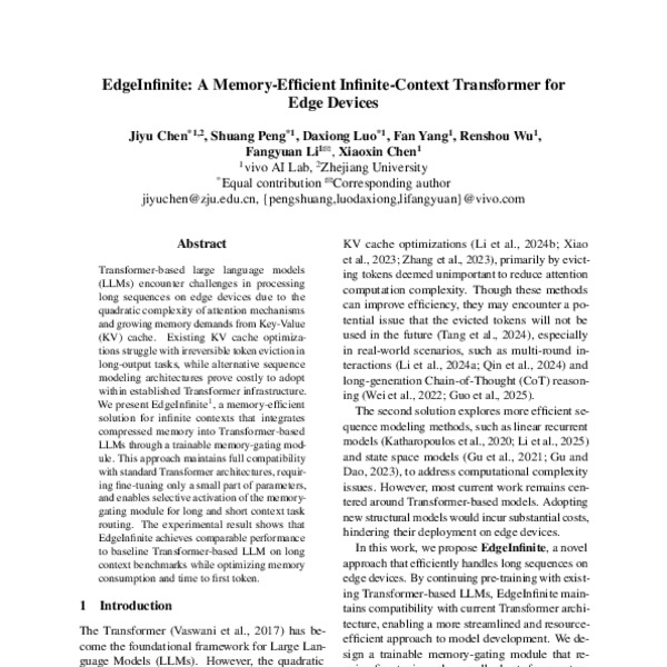 EdgeInfinite: A Memory-Efficient Infinite-Context Transformer for Edge Devices - ACL Anthology
