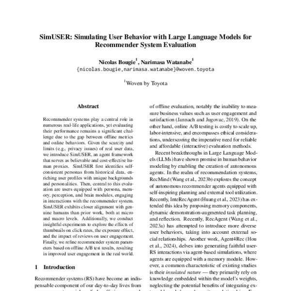 Simuser Simulating User Behavior With Large Language Models For Recommender System Evaluation