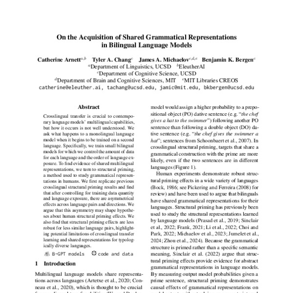 On the Acquisition of Shared Grammatical Representations in Bilingual Language Models - ACL ...