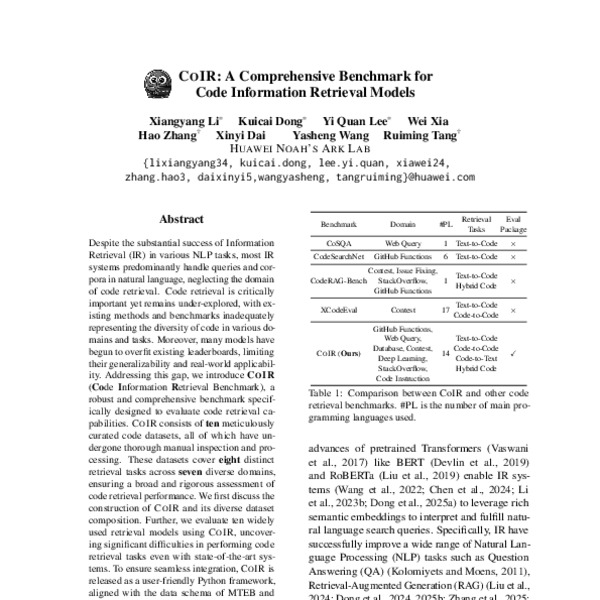 CoIR: A Comprehensive Benchmark for Code Information Retrieval Models - ACL Anthology