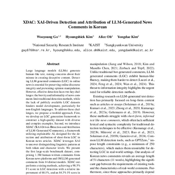 XDAC: XAI-Driven Detection and Attribution of LLM-Generated News Comments in Korean - ACL Anthology