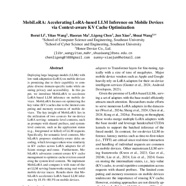 MobiLoRA: Accelerating LoRA-based LLM Inference on Mobile Devices via Context-aware KV Cache ...