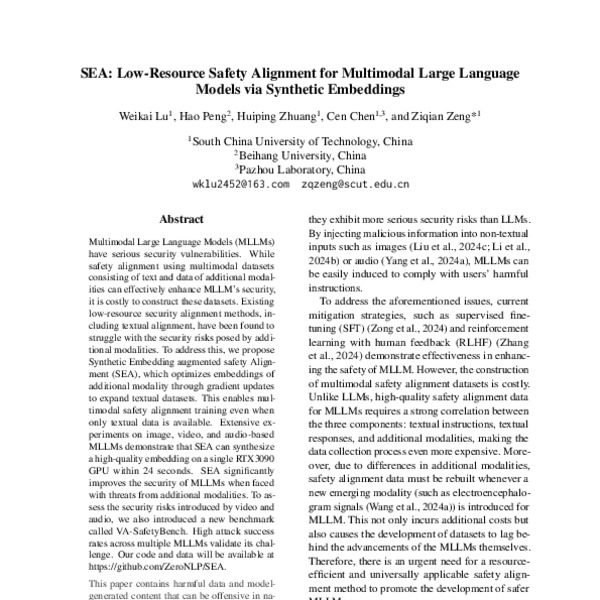 SEA: Low-Resource Safety Alignment for Multimodal Large Language Models via Synthetic Embeddings ...