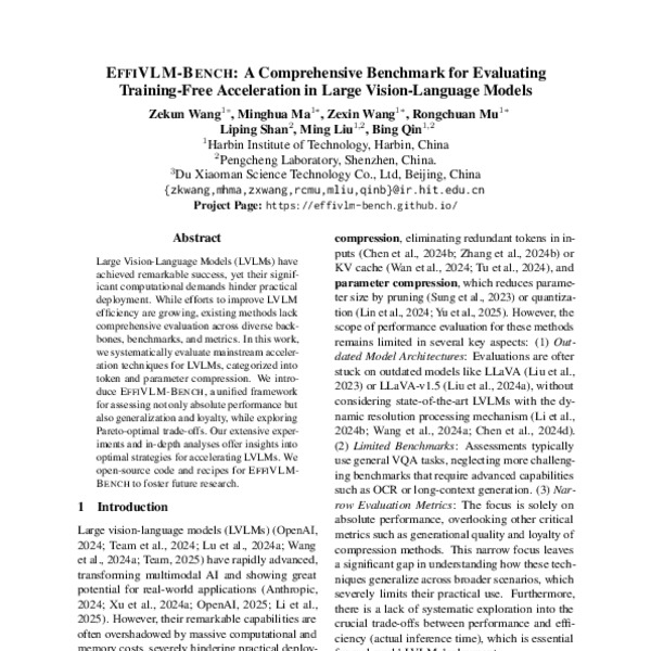 EffiVLM-BENCH: A Comprehensive Benchmark for Evaluating Training-Free Acceleration in Large ...