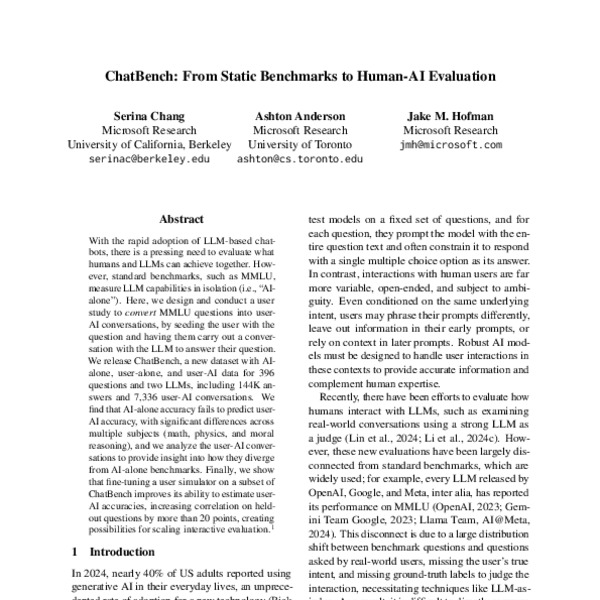 ChatBench: From Static Benchmarks to Human-AI Evaluation - ACL Anthology