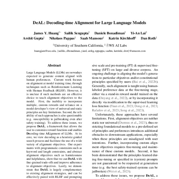 DeAL: Decoding-time Alignment for Large Language Models - ACL Anthology