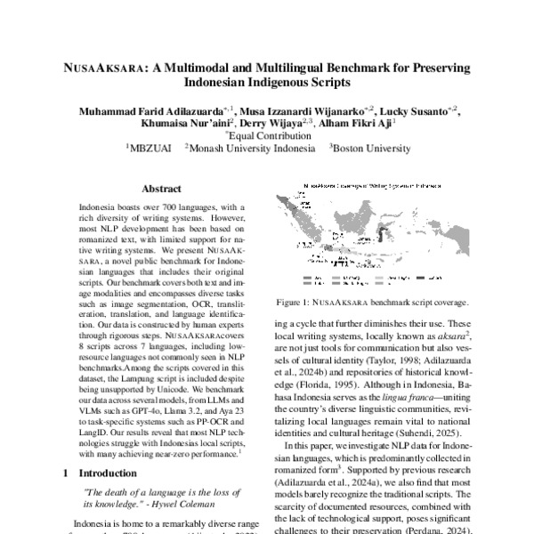 NusaAksara: A Multimodal and Multilingual Benchmark for Preserving ...
