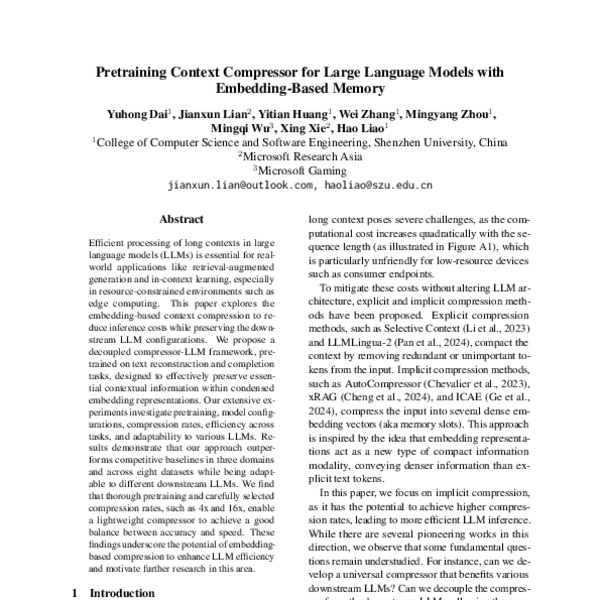 Pretraining Context Compressor for Large Language Models with Embedding-Based Memory - ACL Anthology