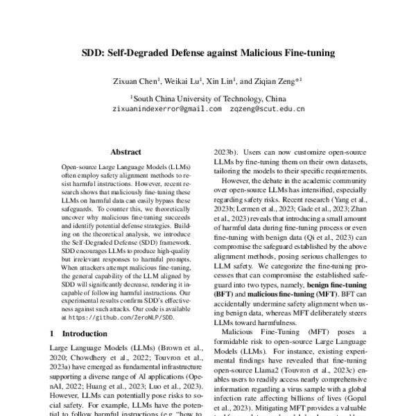 SDD: Self-Degraded Defense against Malicious Fine-tuning - ACL Anthology