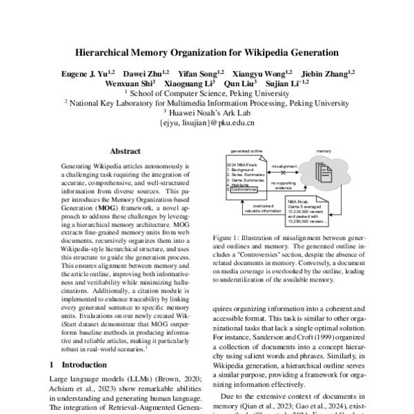 Hierarchical Memory Organization for Wikipedia Generation - ACL Anthology