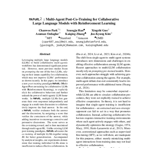 MAPoRL: Multi-Agent Post-Co-Training for Collaborative Large Language Models with Reinforcement ...