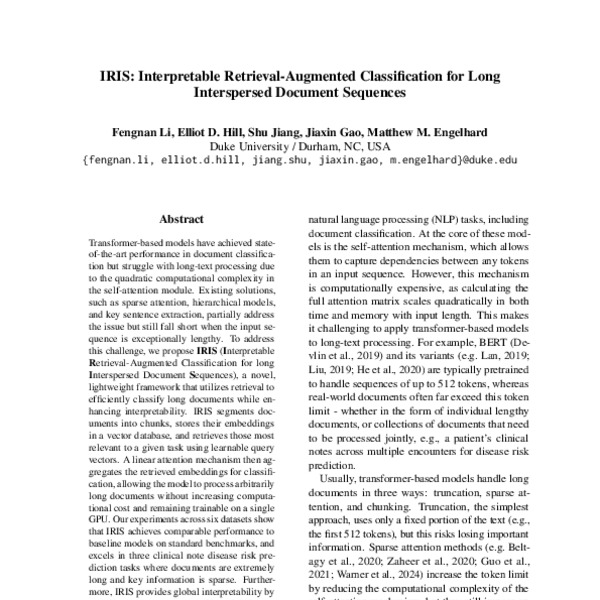 IRIS: Interpretable Retrieval-Augmented Classification for Long Interspersed Document Sequences ...