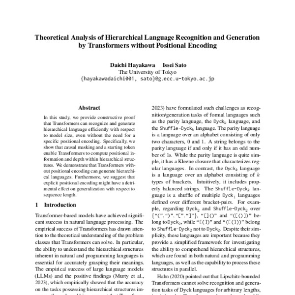 Theoretical Analysis Of Hierarchical Language Recognition And Generation By Transformers Without