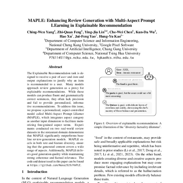 MAPLE: Enhancing Review Generation with Multi-Aspect Prompt LEarning in Explainable ...