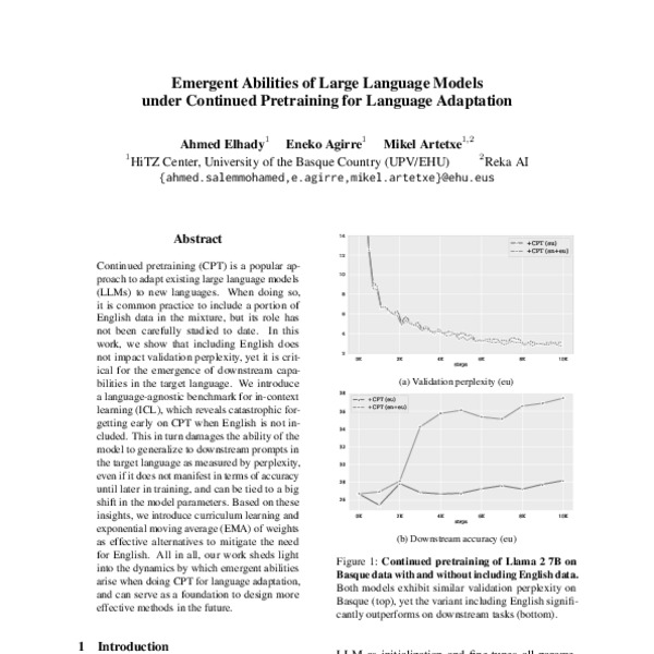 Emergent Abilities Of Large Language Models Under Continued Pre Training For Language Adaptation