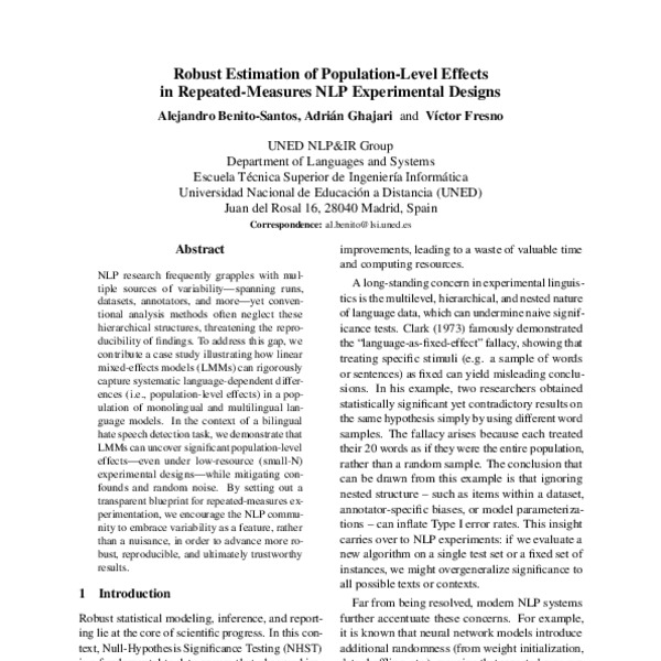 Robust Estimation of Population-Level Effects in Repeated-Measures NLP Experimental Designs ...