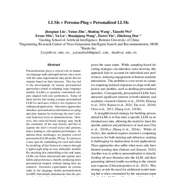 LLMs + Persona-Plug = Personalized LLMs - ACL Anthology