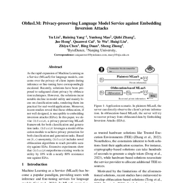 ObfusLM: Privacy-preserving Language Model Service against Embedding ...
