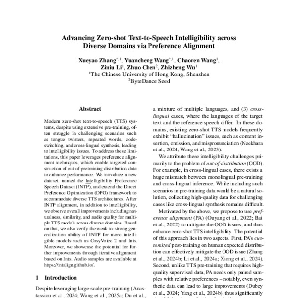 Advancing Zero-shot Text-to-Speech Intelligibility across Diverse Domains via Preference ...