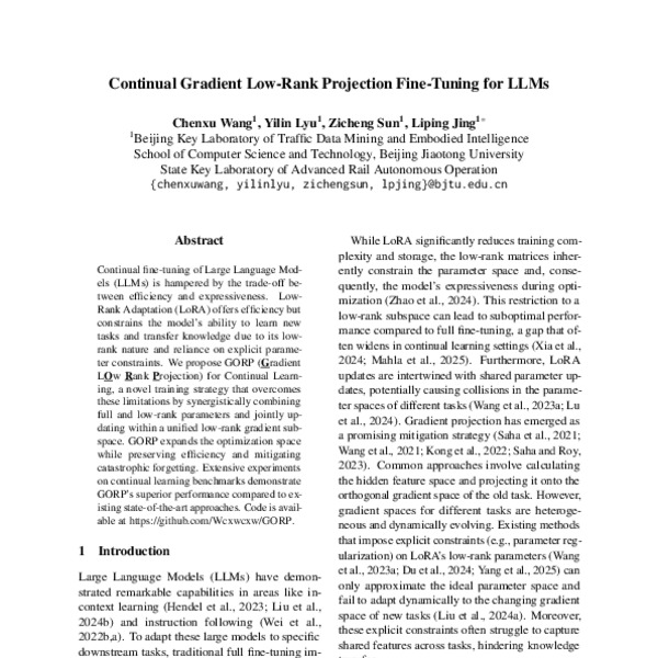 Continual Gradient Low-Rank Projection Fine-Tuning for LLMs - ACL Anthology