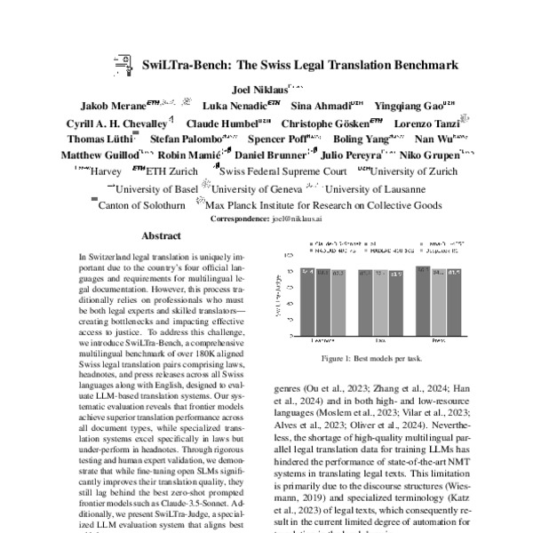 SwiLTra-Bench: The Swiss Legal Translation Benchmark - ACL Anthology