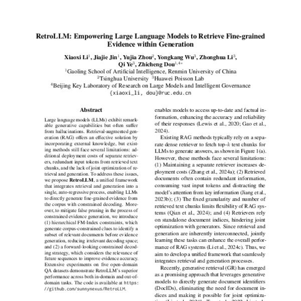 RetroLLM: Empowering Large Language Models to Retrieve Fine-grained Evidence within Generation ...