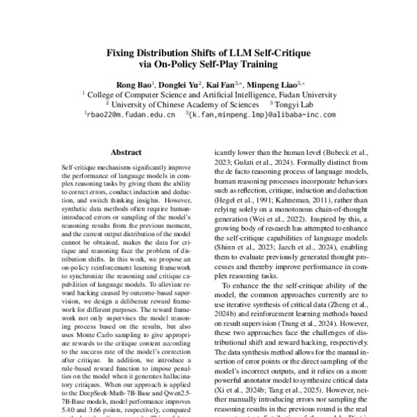 Fixing Distribution Shifts of LLM Self-Critique via On-Policy Self-Play ...