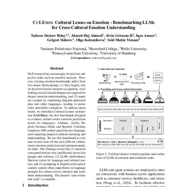 CULEMO: Cultural Lenses on Emotion - Benchmarking LLMs for Cross-Cultural Emotion Understanding ...
