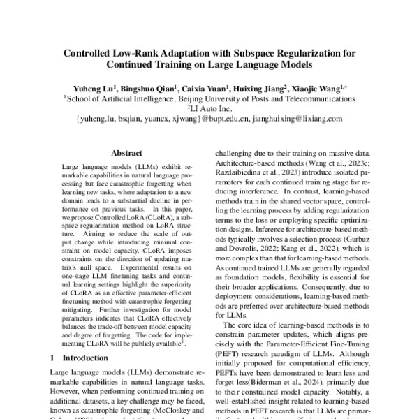 Controlled Low-Rank Adaptation with Subspace Regularization for Continued Training on Large ...