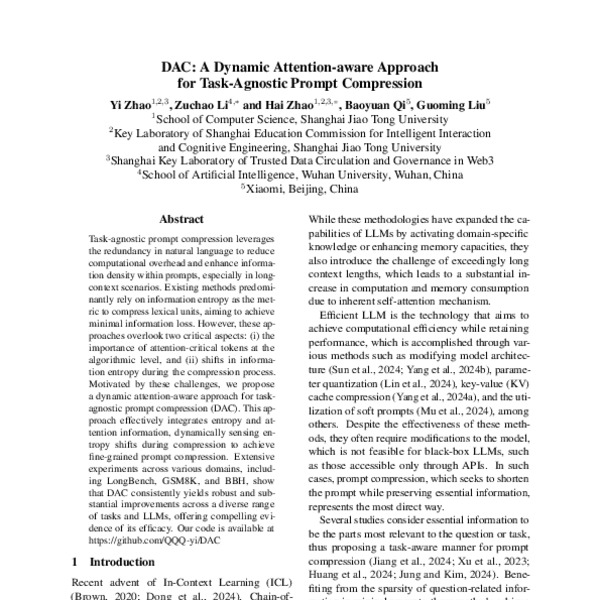 DAC: A Dynamic Attention-aware Approach for Task-Agnostic Prompt Compression - ACL Anthology