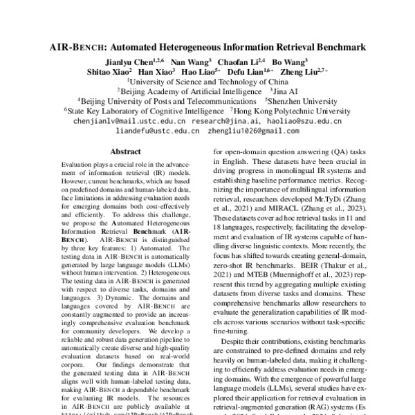 AIR-Bench: Automated Heterogeneous Information Retrieval Benchmark - ACL Anthology