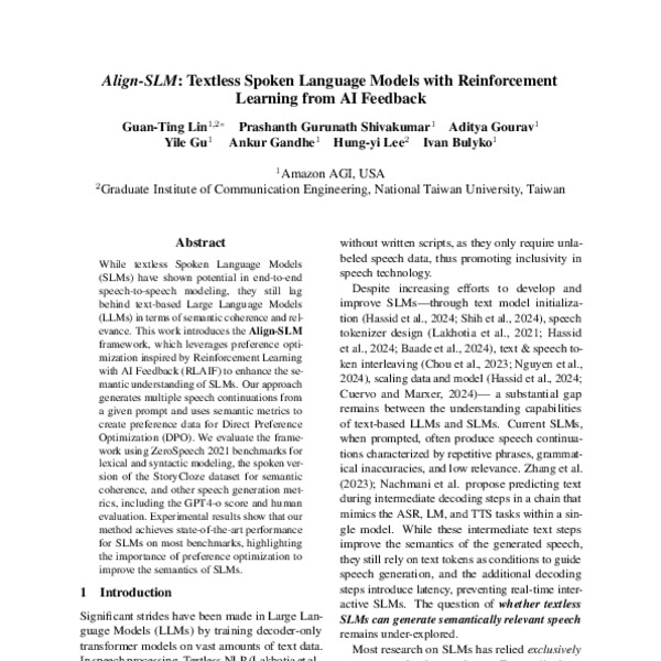 Align-SLM: Textless Spoken Language Models with Reinforcement Learning from AI Feedback - ACL ...