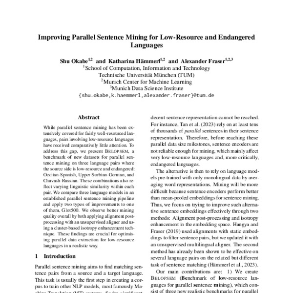 Improving Parallel Sentence Mining for Low-Resource and Endangered Languages - ACL Anthology