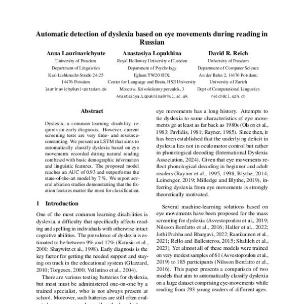Automatic detection of dyslexia based on eye movements during reading ...