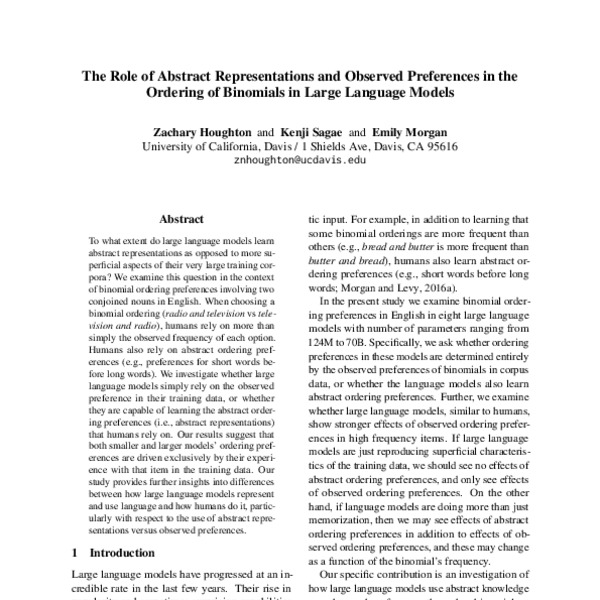 The Role of Abstract Representations and Observed Preferences in the Ordering of Binomials in ...